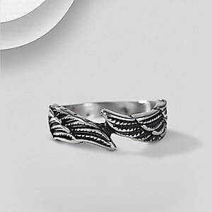 TIGRADE Antique Stainless Steel Ring Feather Angel Wing Cast Black Silver Band Size 5-14.5 (Black,7.5)
