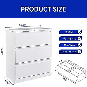 LVSTEEL Lateral File Cabinet with Lock,3 Drawer Stainless Metal Lateral Filing Cabinets, Home Office Storage Cabinets for Organization, Hanging Letter/Legal/A4,Anti-tilt Structure, White