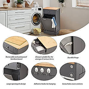 Spurgehom 10 Gallon Tilt Out Trash Cabinet Kitchen Waste Bins,Free Standing Laundry Hamper with Hideaway Drawer Wooden Bamboo Cutting Board Storage Bag,Pet Proof Trash Can for Living Room (Grey)