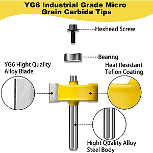 1/4 Inch Shank Rabbet Router Bit Set, 3 Pieces Carbide Tipped Rabbeting Router Bit with 6 Bearings Set, Interchangeable and Adjustable Bearing (Multiple Depths 1/8", 1/4", 5/16", 3/8", 7/16", 1/2")