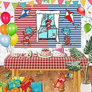 Red and Blue Stripes Backdrop Party Supplies, Dr Seuss Birthday Theme Photo Background, Cat in The Hat Banner for Birthday Party Caketable Decoration, 5x3ft