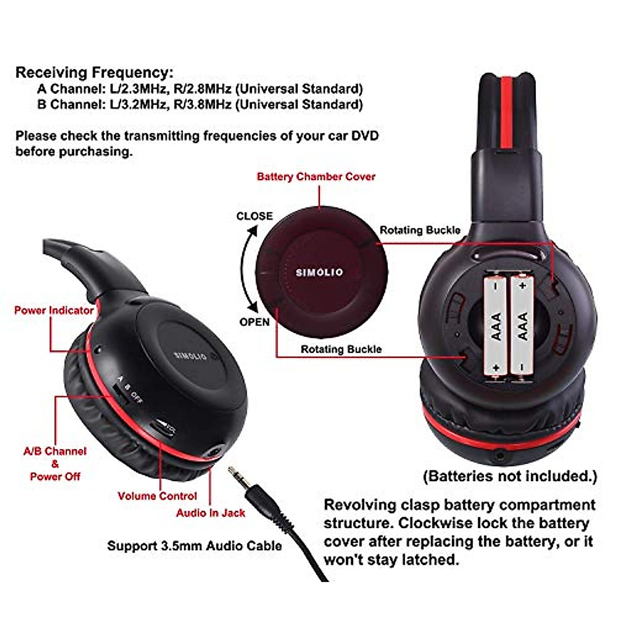 SIMOLIO IR Wireless Headphones for Car DVD Player Headrest Video, On-Ear Infrared Headphones Headset Universal, w/Storage Bag & 3.5mm Aux Cord, 2 Channel Automotive IR Headphone, Foldable and Durable