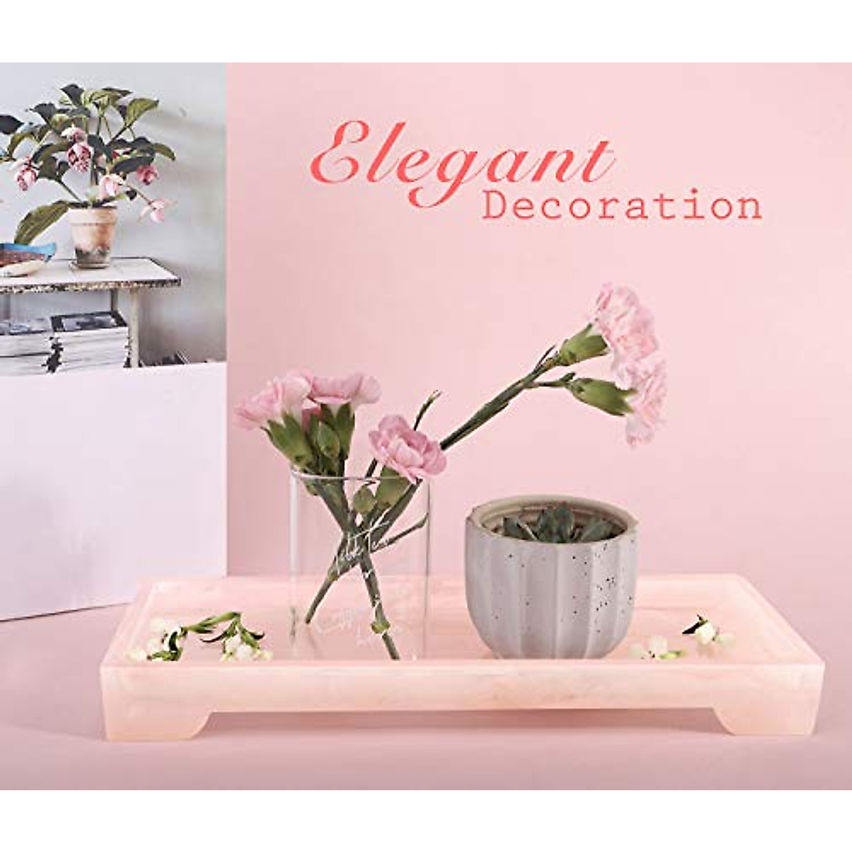 Lewondr Vanity Tray, Resin Decorative Tray Cosmetics Organizer Bathtub Bathroom Catchall Tray Countertop Closet Dresser Storage Tray for Arranging Perfume Jewelry Toiletry Makeup Brushes - Ink Pink