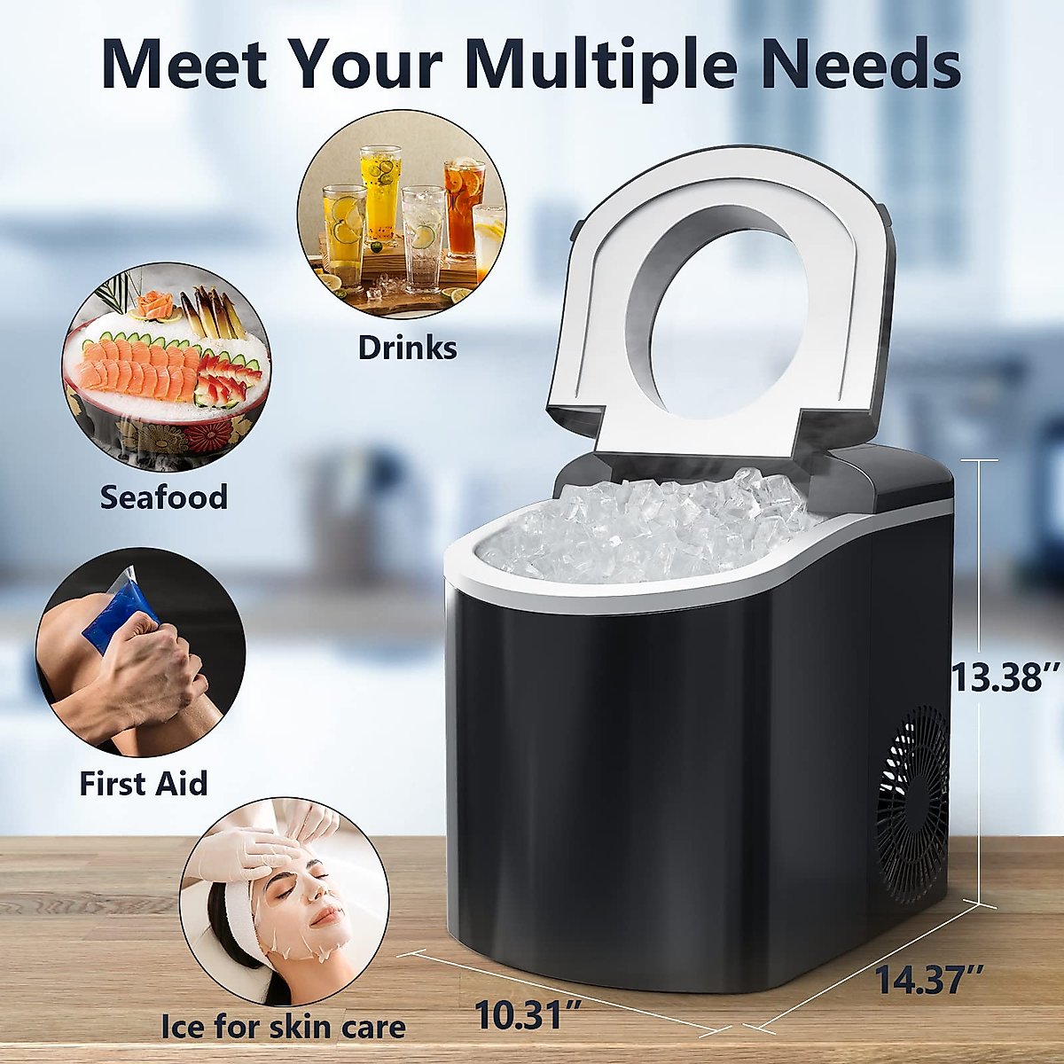 Ice Maker Machine for Countertop - Portable Ice Cube Maker delivers 24 Ice Cubes in 15 Min, 33Lbs/24H, Self-Cleaning, Ice Scoop & Basket, LCD Display, Visible Window, for Home Use/Party/Camping, Black