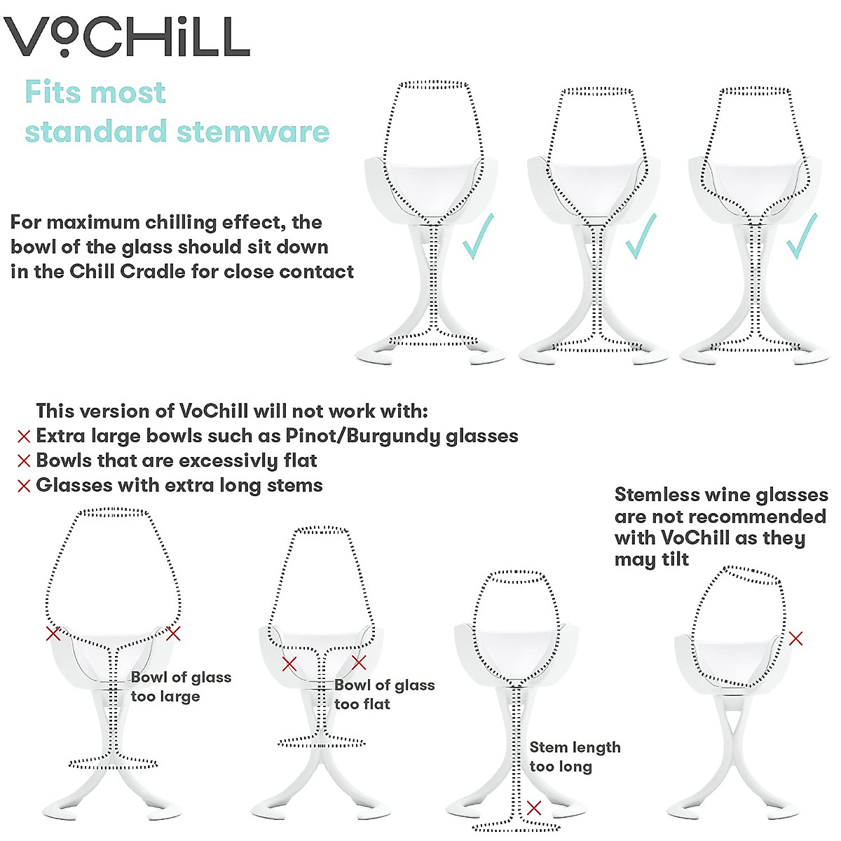 VoChill Stemmed Wine Glass Chiller | Smart & stylish | Radically cool wine tool – keeps wine perfectly chilled in your glass | Refreezable Chill Cradle actively chills (Quartz, Single VoChill)