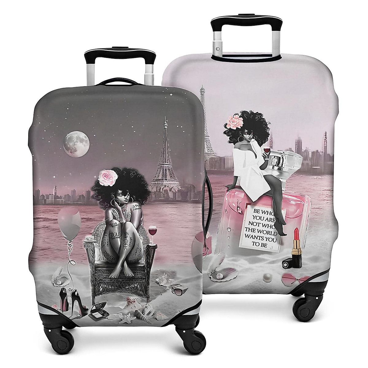 Xidingyue African American Black Girl Luggage Protective Cover Pink and Black Beach Paris Eiffel Tower Suitcase Cover Fit 22-24 Inch Luggage