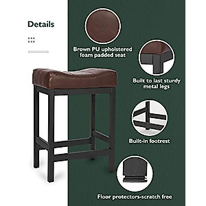 KATDANS Bar Stools Set of 2-Counter Height Stools - 24 Inch Saddle Stool - PU Leather Kitchen Stools - Brown/Black - Metal Base, KS861P-B