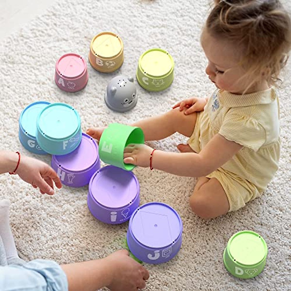 Stacking Cups Toy for Toddler Plus Bonus Squirting Baby Bath Toy & Bear Head Shaker with Numbers, Letters, Patterns, Fun Educational Toys for 6 Months +, 1 2 3 Years