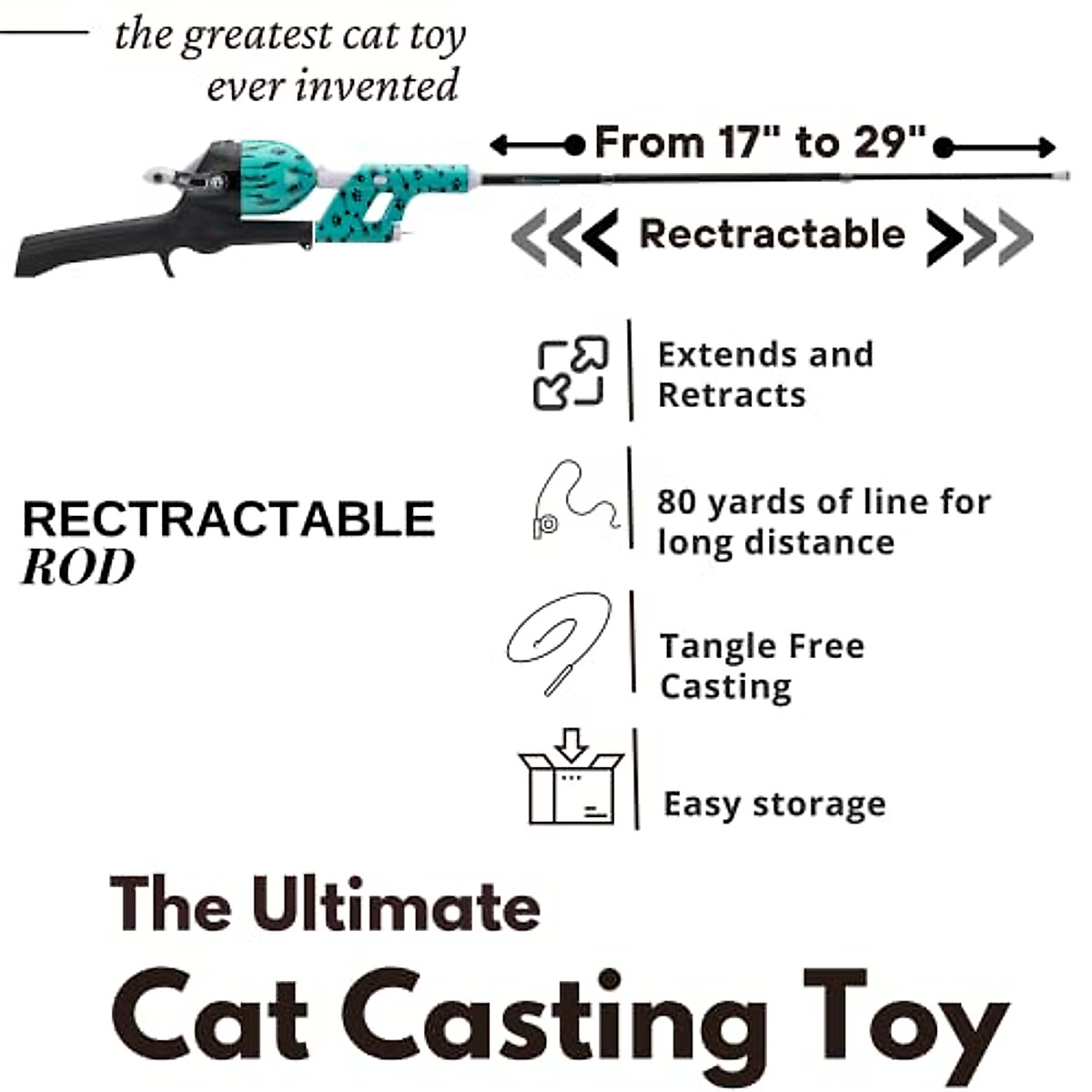 Cat Caster Fishing Pole Toy | Tangle Free, Retractable & Easy to Store. Includes Two Interchangeable Teaser Toys | The Ultimate Gift for Kitty Lovers, Fish Bone