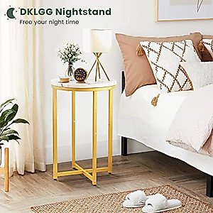 DKLGG Modern Gold Side Table, Small Coffee Table Round End Table with Gold Frame, Marble Side Table Bedside Table for Living Room, Bedroom, Small Space, 16" D*24" H