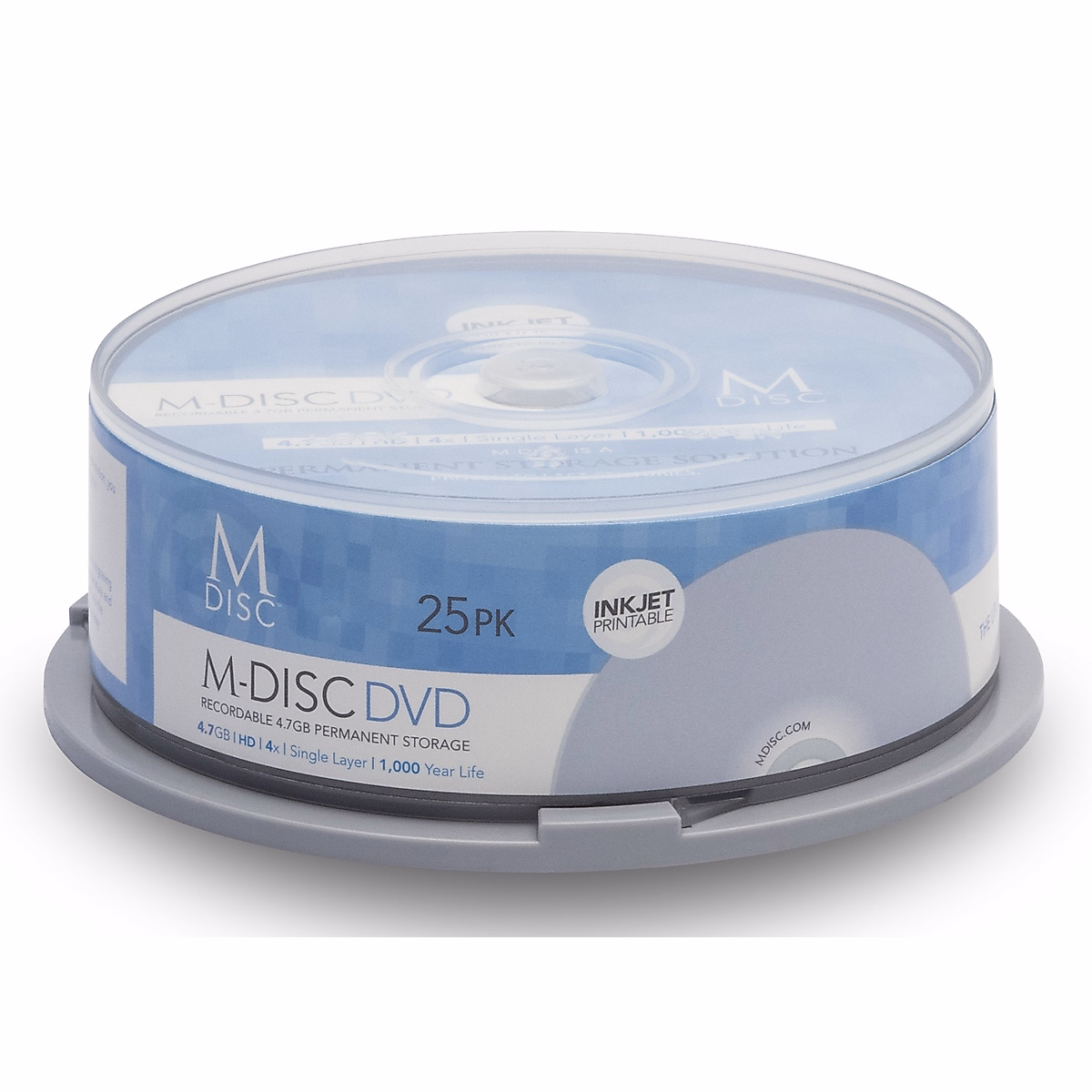 25 Pack Millenniata M-Disc DVD 4.7GB 4X HD White Inkjet Printable 1000 Year Permanent Data Archival / Backup Blank Media Recordable Disc