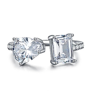 通用 Eternity Rhodium Plated Solid Silver Two Stone Engagement Ring 3ct Pear and 3ct Emerald Shape Zircon Open Adjustable Wedding Anniversary Ring (Silver, 7)