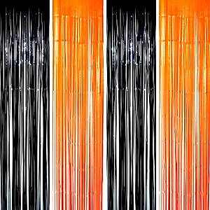 Black Orange Party Tinsel Foil Fringe Curtains - Halloween Construction 1st Birthday Baby Shower Graduation Wedding Party Streamers Photo Booth Props Backdrops Decorations