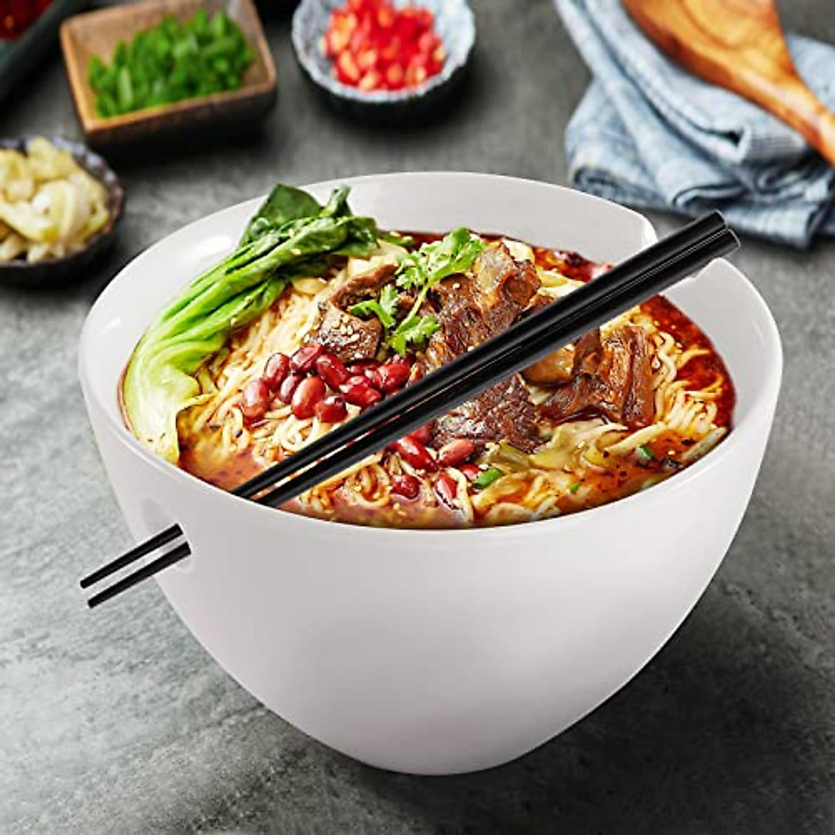 AVLA 2 Pack Porcelain Ramen Bowls, 15/26 OZ Japanese Udon Noodle Miso Bowls with Chopsticks, Deep Soup Bowl Set with Holes for Pho, Soba, Dipping Dishes, Dishwasher and Microwave Safe