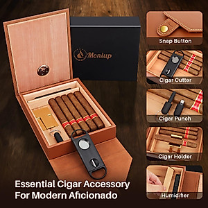 Premium Leather Cigar Humidor Set - Cedar Wood Liner, with Gold Cigar Holder, Embedded Gold Hygrometer, V Cigar Cutter & Punch, Humidifier, Precious Travel Cigar Case for Birthday Gift, Festival