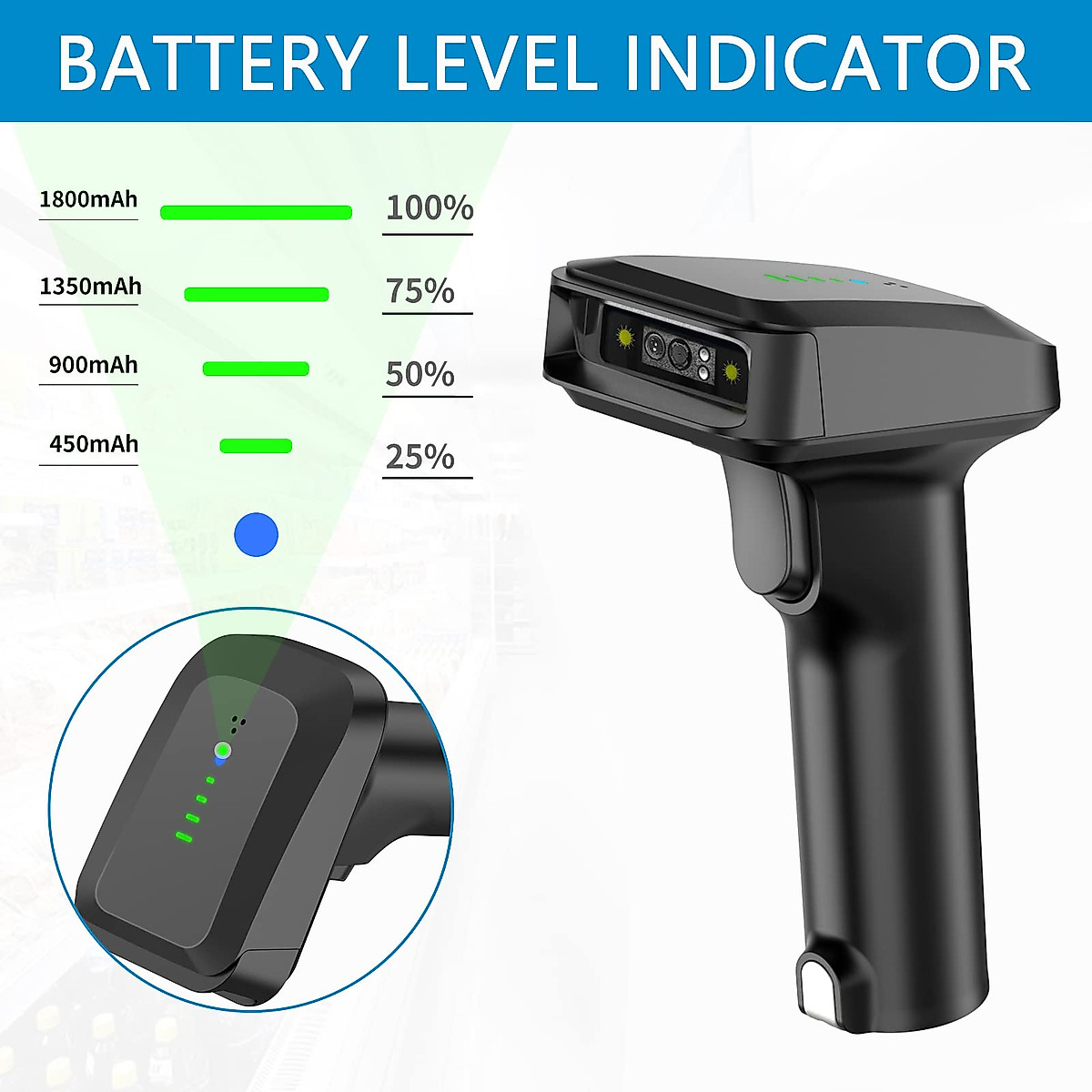 Alacrity Bluetooth Barcode Scanner Wireless 1D Laser Barcode Reader with Battery Level Indicator, 3 in 1 Bluetooth & 2.4GHz Wireless & USB Wired Bar Code Scanner