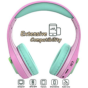 Riwbox Kids Bluetooth Headphones, Baosilon FB-7S Frog Kids Toddler Headphones for School with Mic, 75/85/95dB Volume Limited Light Up Wireless Headphones Over Ear for Girls (Pink&Green)