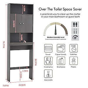 ME2 Bathroom Over The Toilet Storage, 77'' Taller Bathroom Organizer Shelf Space-Saving Collect Cabinet with Shelves and Double Doors, Grey