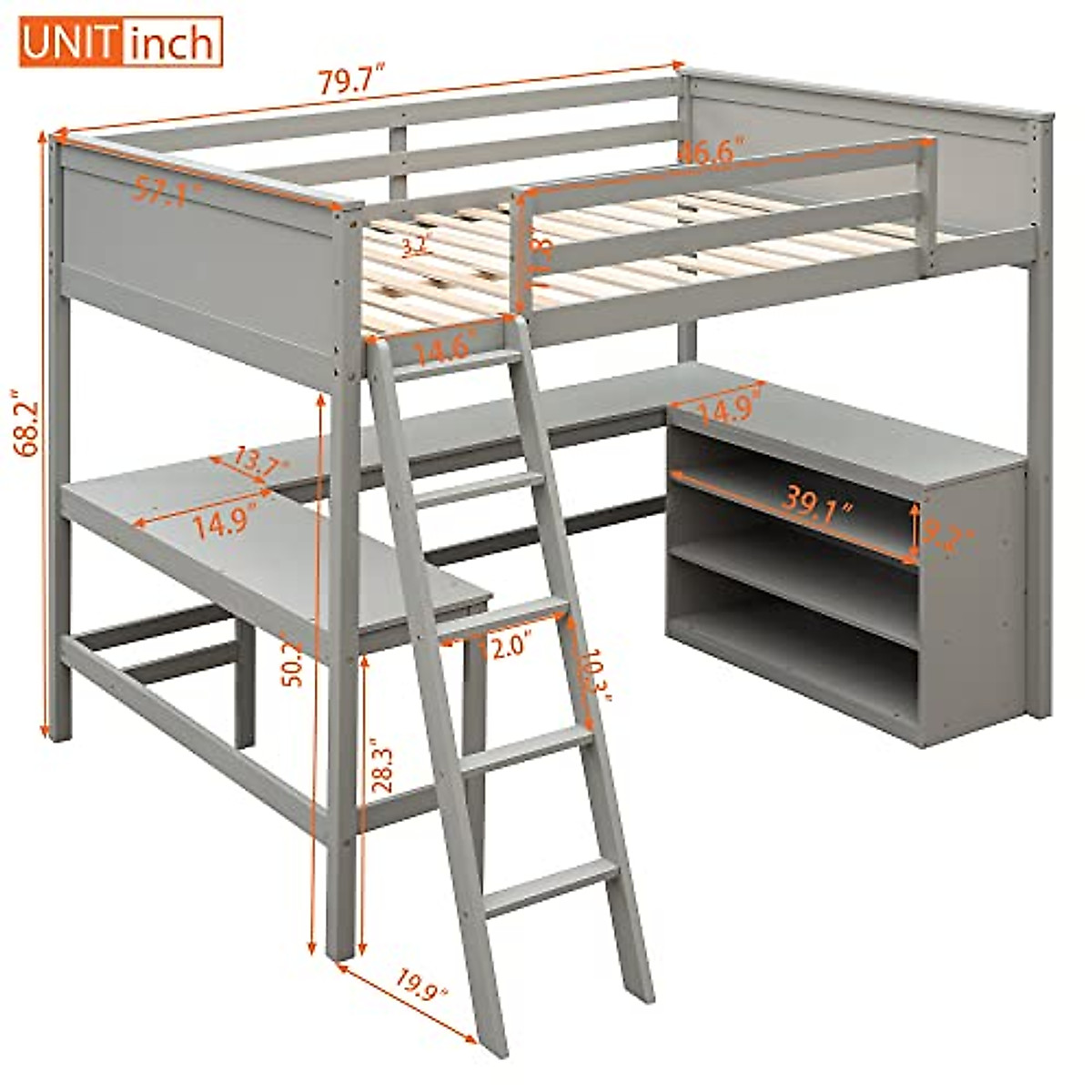 BIADNBZ Full Size Loft Bed with 2 Desks and Bookshelves,Wooden LoftBed with Guardrails and Ladder for Kids/Teens/Bedroom,Gray