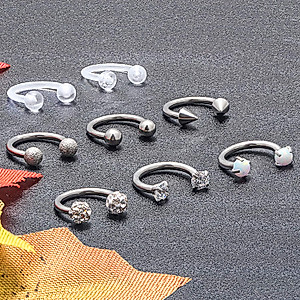 Dyknasz Horseshoe Circular Barbell Clear CZ Opal Stone Nose Septum Rings Hoop Retainer for Women Men Helix Cartilage Tragus Earring 316L Surgical Steel 16G 5/16"(8mm) Silver-Tone