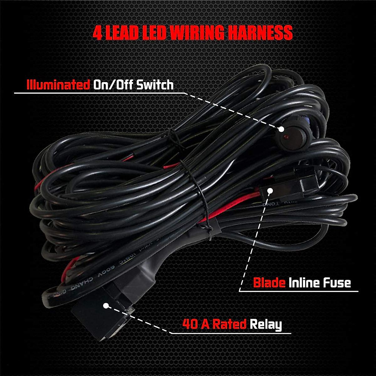 Ampper 4 Lead Wiring Harness for LED Rock Lights, LED Rock Light Pod Wiring Harness Kit with 2 Extension Wires, Relay, Fuse and Switch
