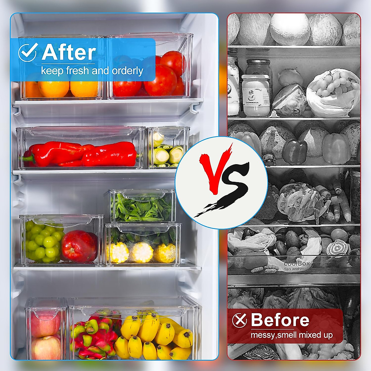 Pure Future Set of 10 Refrigerator Organizer Bins Stackable with Lids, Fridge Organizers and Storage Clear, BPA-Free, Fridge Storage Containers for Fruits & Vegetables
