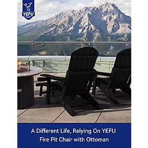 YEFU Adirondack Chair with Ottoman, Adjustable Backrest Adirondack Chairs, Folding Outdoor Fire Pit Chair with 2 Cup-Holders, Weather Resistant for Patio Lawn Outside Garden Pool, 380lbs (Black)