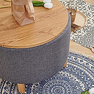 FUENTE LUZ Round Coffee Table with Storage for Bedroom Living Room Round Ottoman as a Foot Rest Multi-Function High-Capacity Cotton and Linen Fabric Natural Color Desktop Natural Color Feet (Grey)