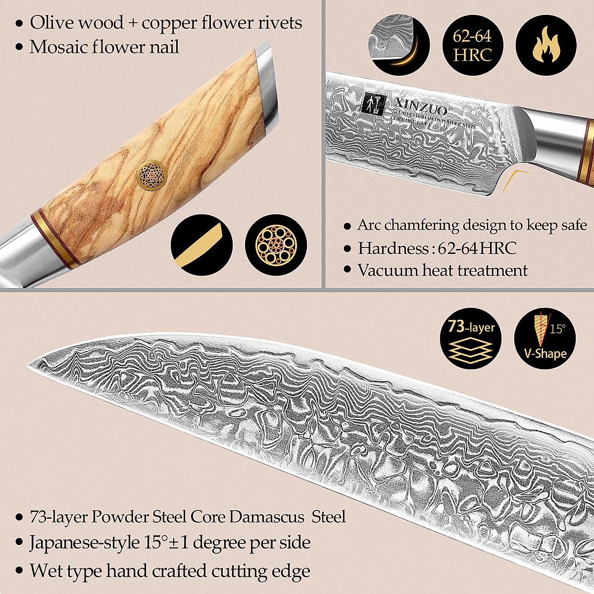 XINZUO Steak Knife Set of 4, Damascus Powder Steel Kitchen Steak Knife Set, Non Serrated Steak Knives, Razor-Sharp Dinner knives with Gift Box, Kitchen Table Knife with Olive Wood Handle-Lan Series