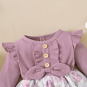 Toddler Girls Outfits Ruffle Long Sleeve Bow Dresses Splicing Floral Princess Tutu Skirts Cute Fall Clothes (Purple, 18-24 Months)