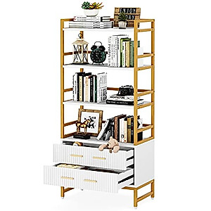 Tribesigns Bookshelf with Drawers, 65” Tall Ladder Shelf Bookcase with Storage, Modern White and Gold Bookcases and Book Shelves 4 Shelf Organizer, Metal Wood Book Shelving Unit for Bedroom, Office
