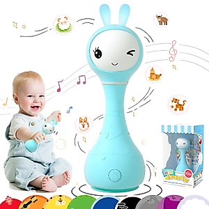 alilo Bunny Smart Baby Rattle Toys Teether Light-Up Rattles Music Stories Lullabies All-in-one - Encourage Developmental Milestones 0-24 Months for Babies Infants Newborns (Smarty Bunny, Blue)