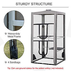 PawHut 79" H Cat House Kitten Enclosure Mesh Playpen Steel Frame with 3 Platforms, 2 Doors and 4 Sandbags for Stability, Indoor/Outdoor