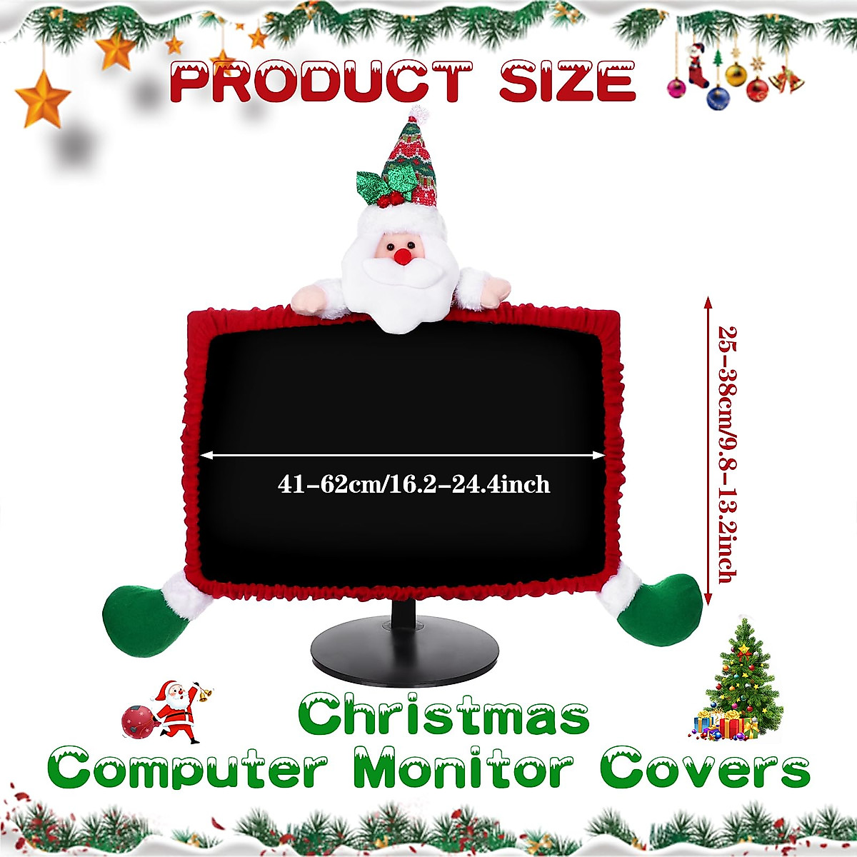LONG7INES Christmas Computer Monitor Cover, Elastic Xmas Decorations Reindeer Computer Monitor Border Cover, Elastic Laptop Computer Cover for Xmas Home Office Decor and New Year Gift Ideas (Santa)