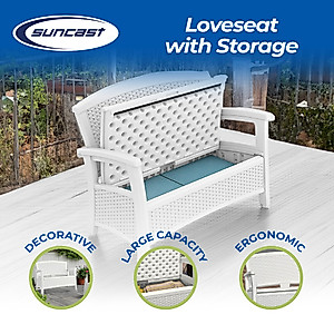 Suncast Elements Stylish Lightweight Loveseat Outdoor Seating with Convenient Built In Universal Storage, and All Weather Plastic, White