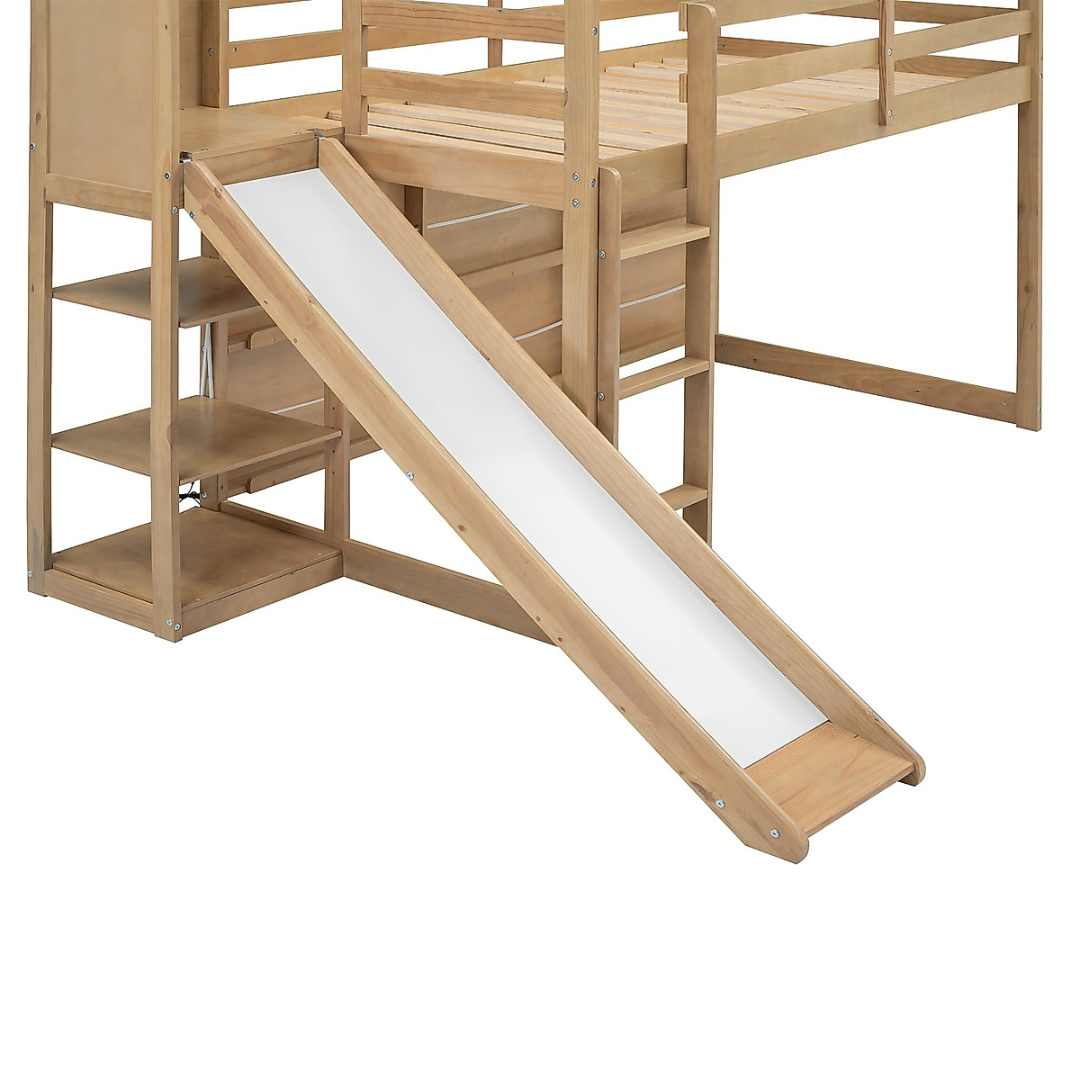 Merax Twin Size House Loft Bed with Slide and Storage Shelves, Wood Loft Bed for Boys & Girls (Natural)