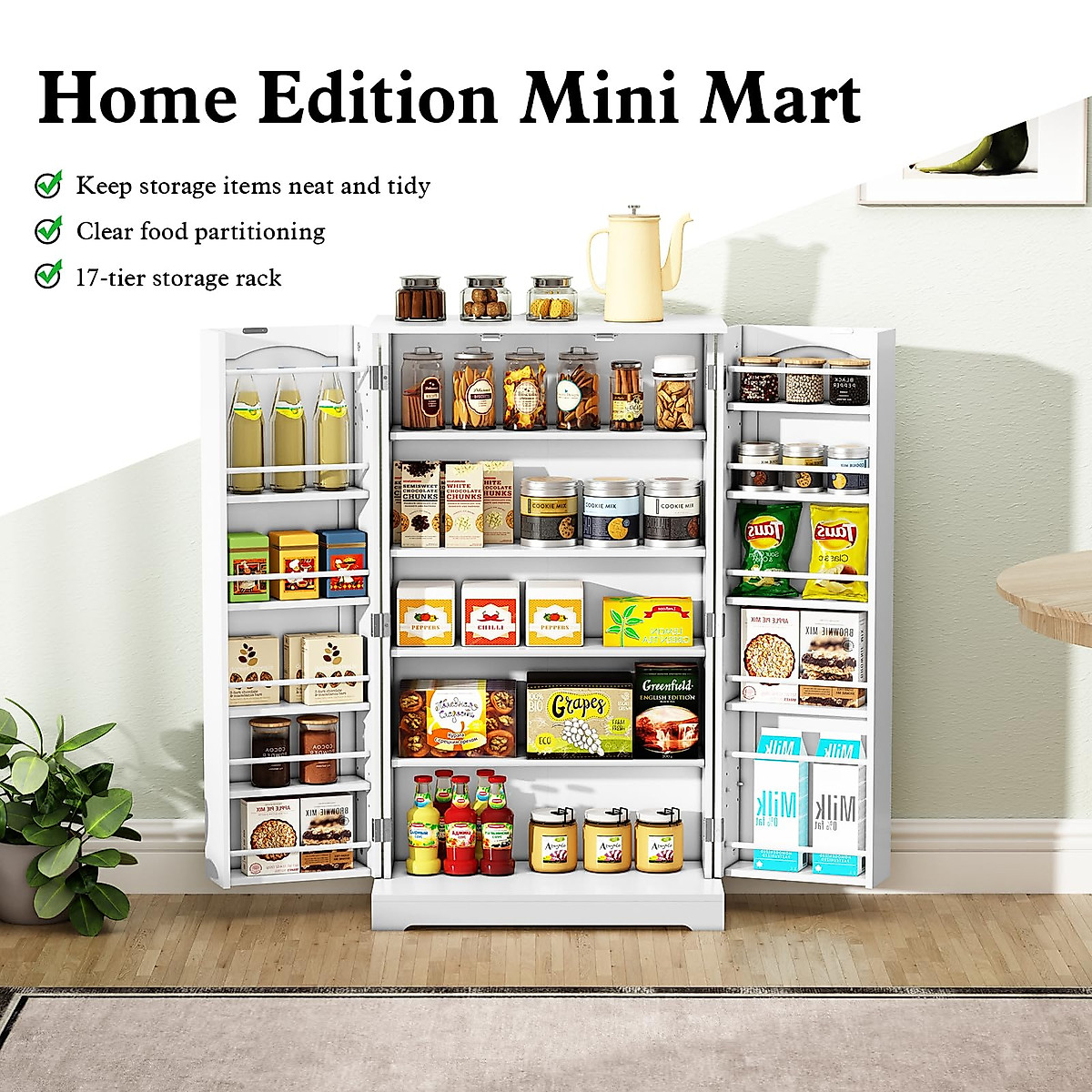 HOLTICO 41'' Freestanding Pantry Cabinet, Kitchen Pantry Storage Cabinet with Doors and Adjustable Shelves, Food Pantry Cabinet for Kitchen, Dining Room, Living Room and Garage,Snow White