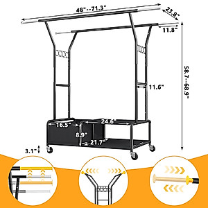 Raybee Clothes Racks for Hanging Clothes with Shelves, Adjustable Clothing Rack with Lockable Wheels, Multi-Functional Closet Rack For Bedroom, Heavy Duty Garment Racks for Hanging 220+ Clothes