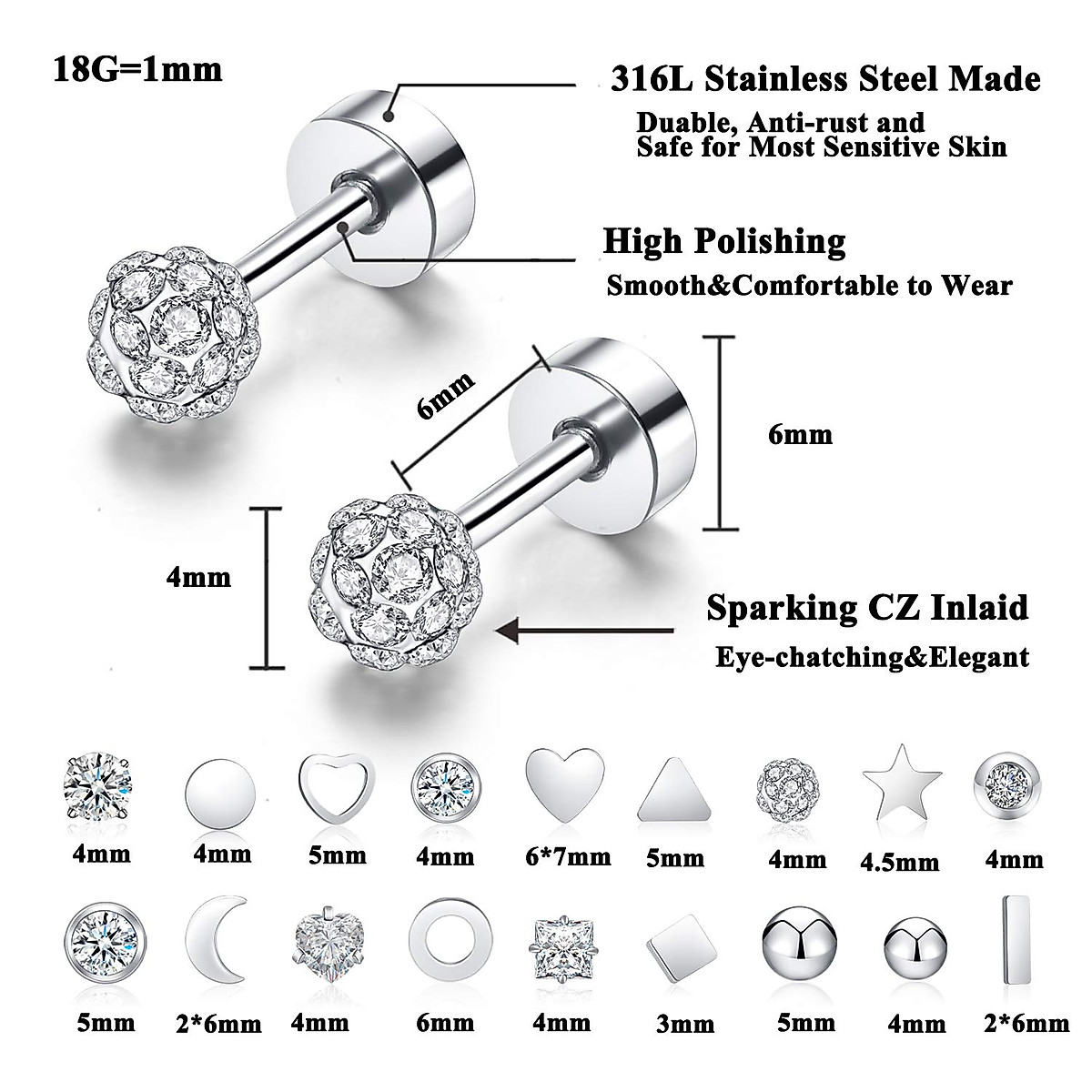 Vegolita 18Pairs 20G 18G Stainless Steel Tiny Stud Earrings for Women Cartilage Helix Earrings Ball Star CZ Earrings