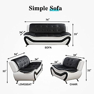 HOMVET Faux Leather 3 Piece-Modern Sofa,Couch Set for Living Room,Black & White