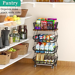 CHLORYARD Fruit Basket with Wooden Lid for Kitchen, 4-Tier Stackable Wire Fruit Vegetable Storage Basket Organizer Stand on Wheel, Produce Basket Potato Onion Storage Bins Rack Cart for Pantry