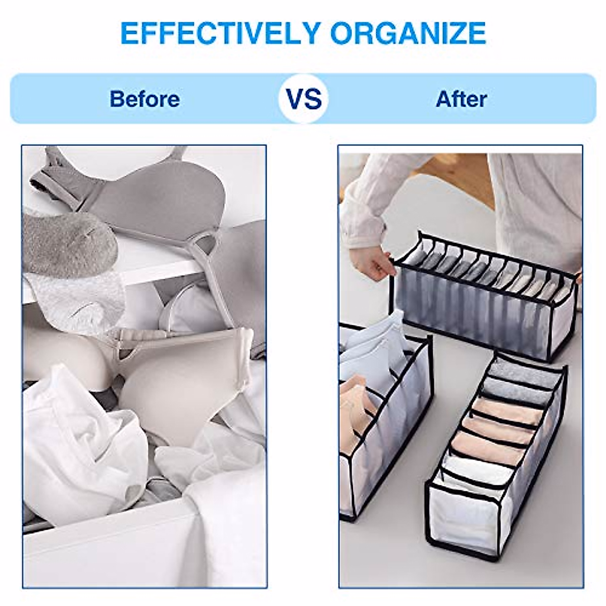 TOPTEAM Underwear Drawer Organizer, 3 Sets of Foldable Closet Storage Boxes, Drawers for Underwear, Bras and Socks, or Closet Storage Bags, Including 3 Pieces of 6/7 /11 Compartments (Black)