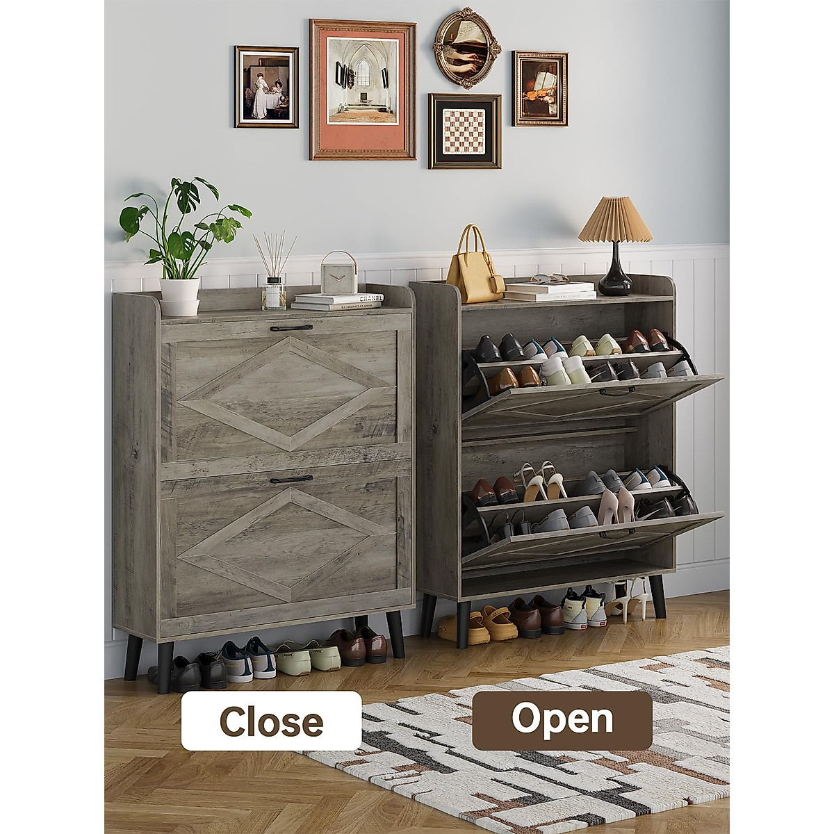 OtterOasis Shoe Storage Cabinet with 2 Flip Drawers, Farmhouse Narrow Shoe Cabinet for Entryway, Slim Shoe Organizer Cabinet with Wood Legs, Washed Gray