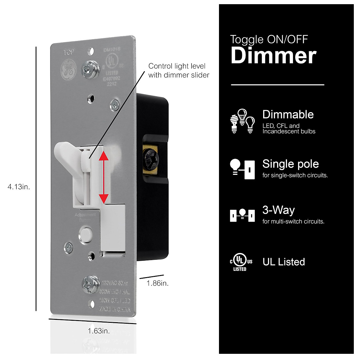 GE Single Pole Dimmer Toggle Switch, On/Off/Dim Settings, for Dimmable LED, CFL and Incandescent Bulbs, DIY Project, UL Listed, White, 18025