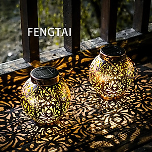 FENGTAI Waterproof Solar Lantern Outdoor, 2 Pack Hanging Lights Decorative Retro Metal Solar Lights for Table Patio Yard Pathway Walkway Garden