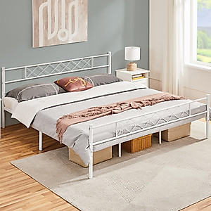 Yaheetech Metal Platform King Bed Frame Mattress Foundation with Headboard and Footboard No Box Spring Needed Under Bed Storage Steel Slats White