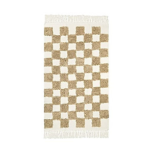 Lahome Checkered Boho Rug for Bedroom, 3x5 Entry Rug Washable Cotton Area Rug Indoor Bath Door Mats with Tassels, Farmhouse Kitchen Rugs Non-Shedding Cotton Area Rug for Entryway Dorm, Khaki