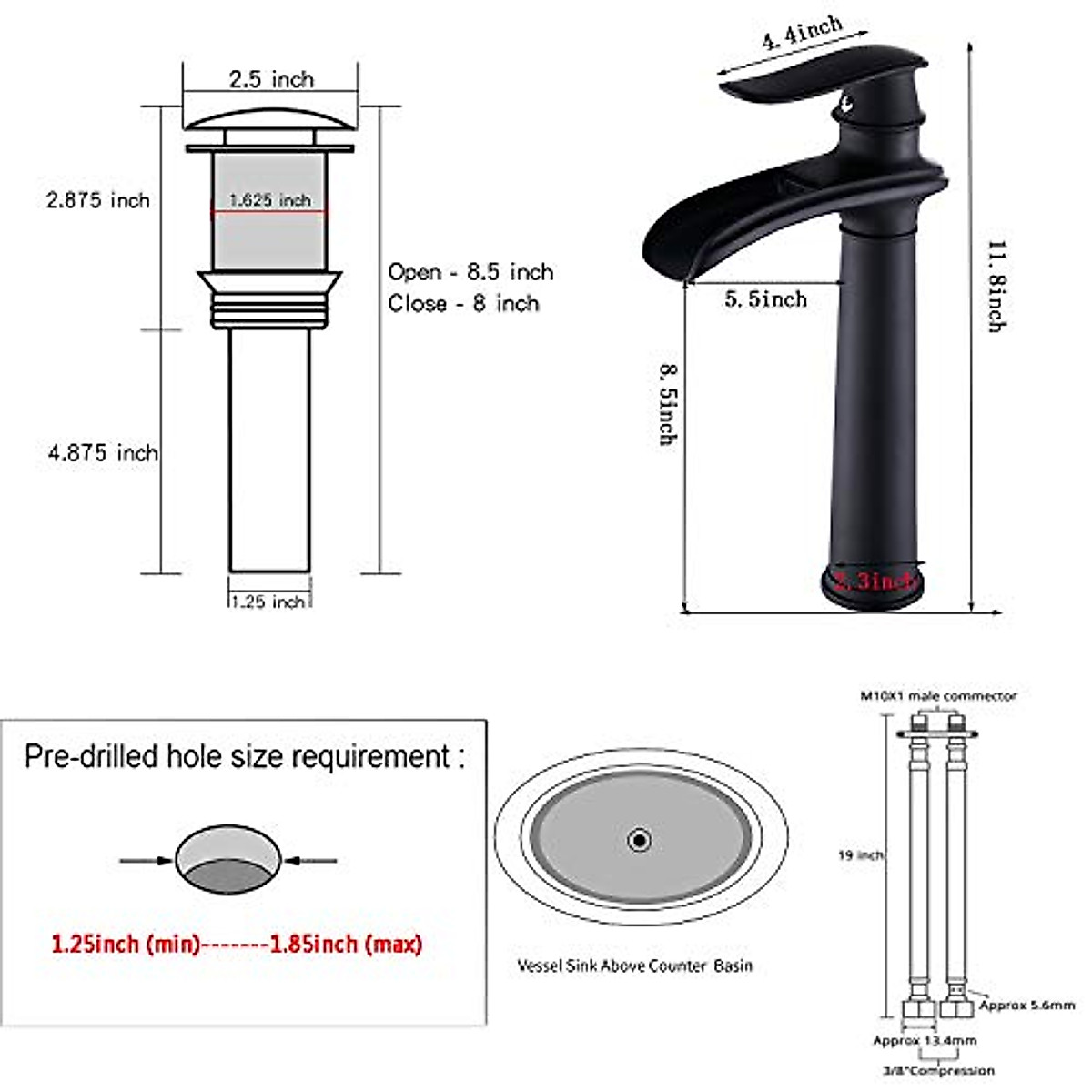 Black Bathroom Faucet GGStudy Single Handle One Hole Farmhouse Waterfall Bathroom Vessel Sink Faucet Matte Black Matching with Pop Up Drain