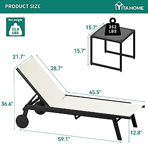 YITAHOME Patio Chaise Lounge Set of 3, Aluminum Outdoor Lounge Chairs with Side Table, Adjustable Backrest Poolside Loungers with Wheels for Pool Beach Patio Lawn Porch -Beige