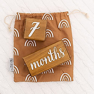 Pondering Pine Baby Milestone Blocks - Natural Pine Wood with Weeks Months Years Grade - Milestones Age Block Set with Boho Rainbow Bag, Newborn Weekly Monthly First Year Picture Props, Earth Friendly